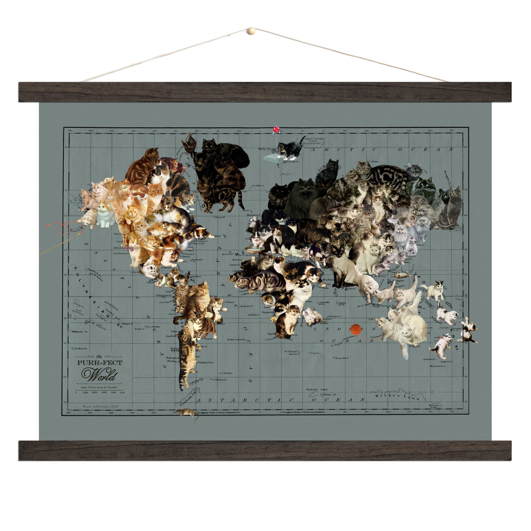 Cat Map of the World Hanging Canvas Print, Cat Decor, Cat Lover Gift ...