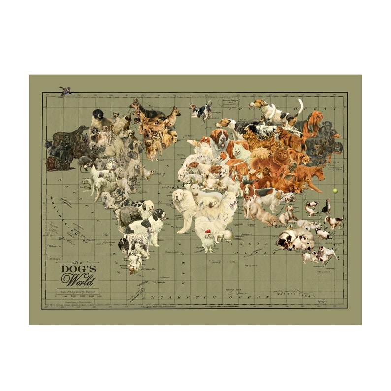 Dogs World Vintage Map Art Canine World Map Fine Art Print | Etsy