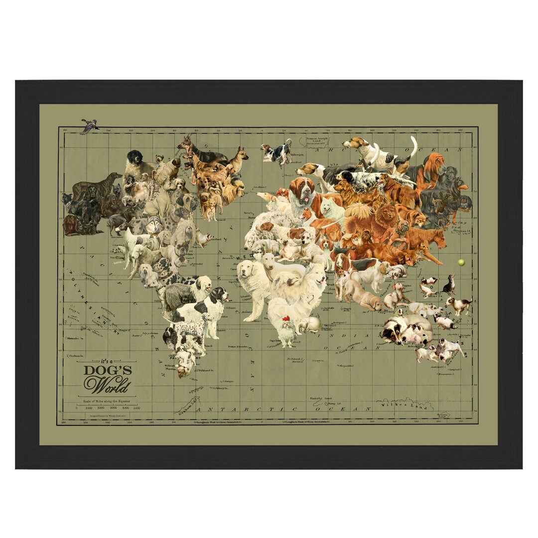 Dogs World Vintage Map Art, Canine World Map Fine Art Print by Wendy ...