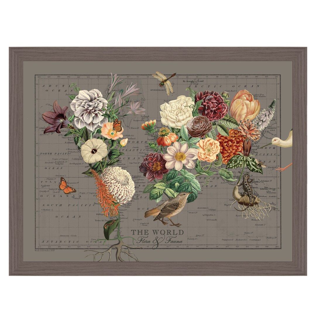 Vintage Flora and Fauna Fine World Map Art Print, Collage Map Art ...