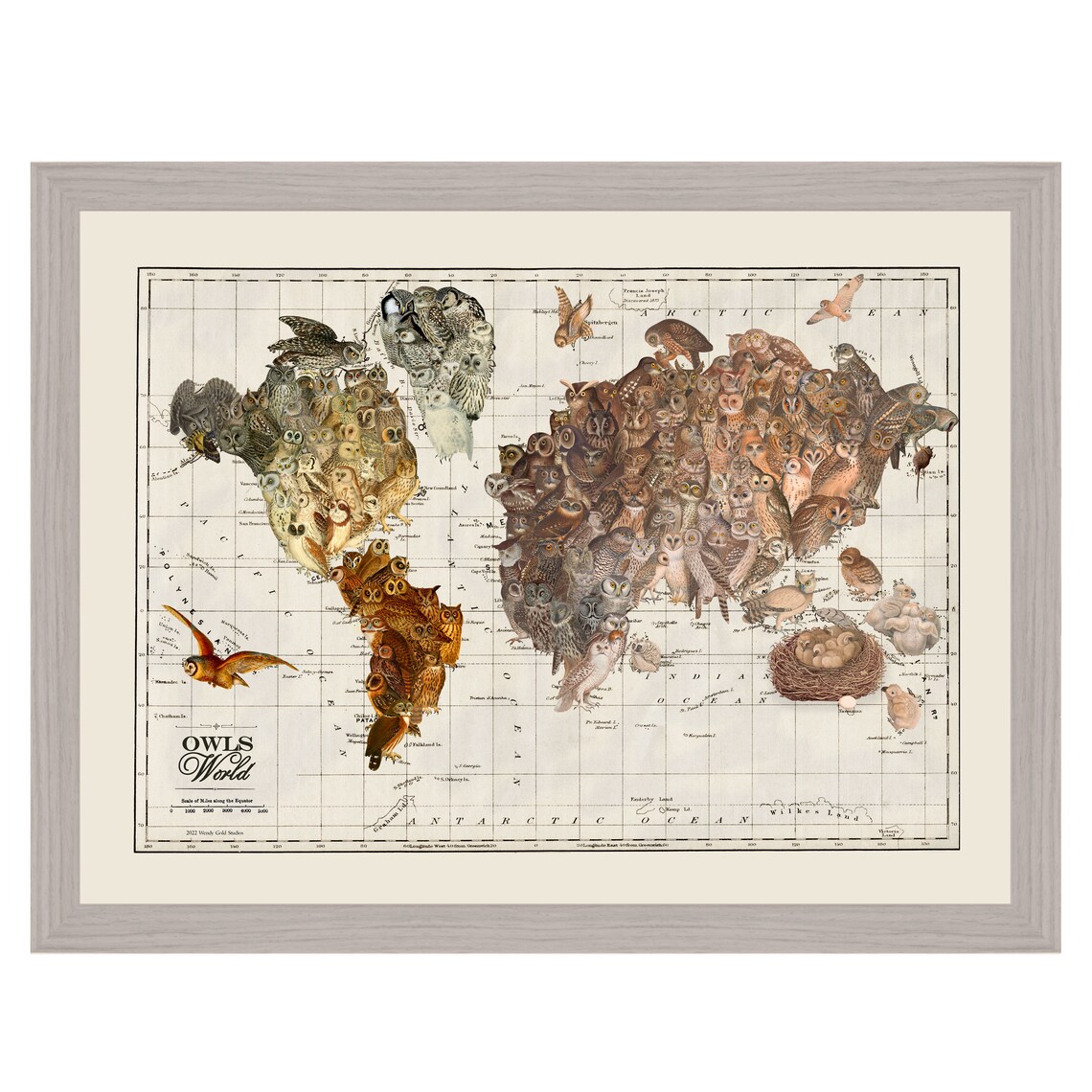 Owl Map of the World Collage Map Art Print Owl Art - Etsy