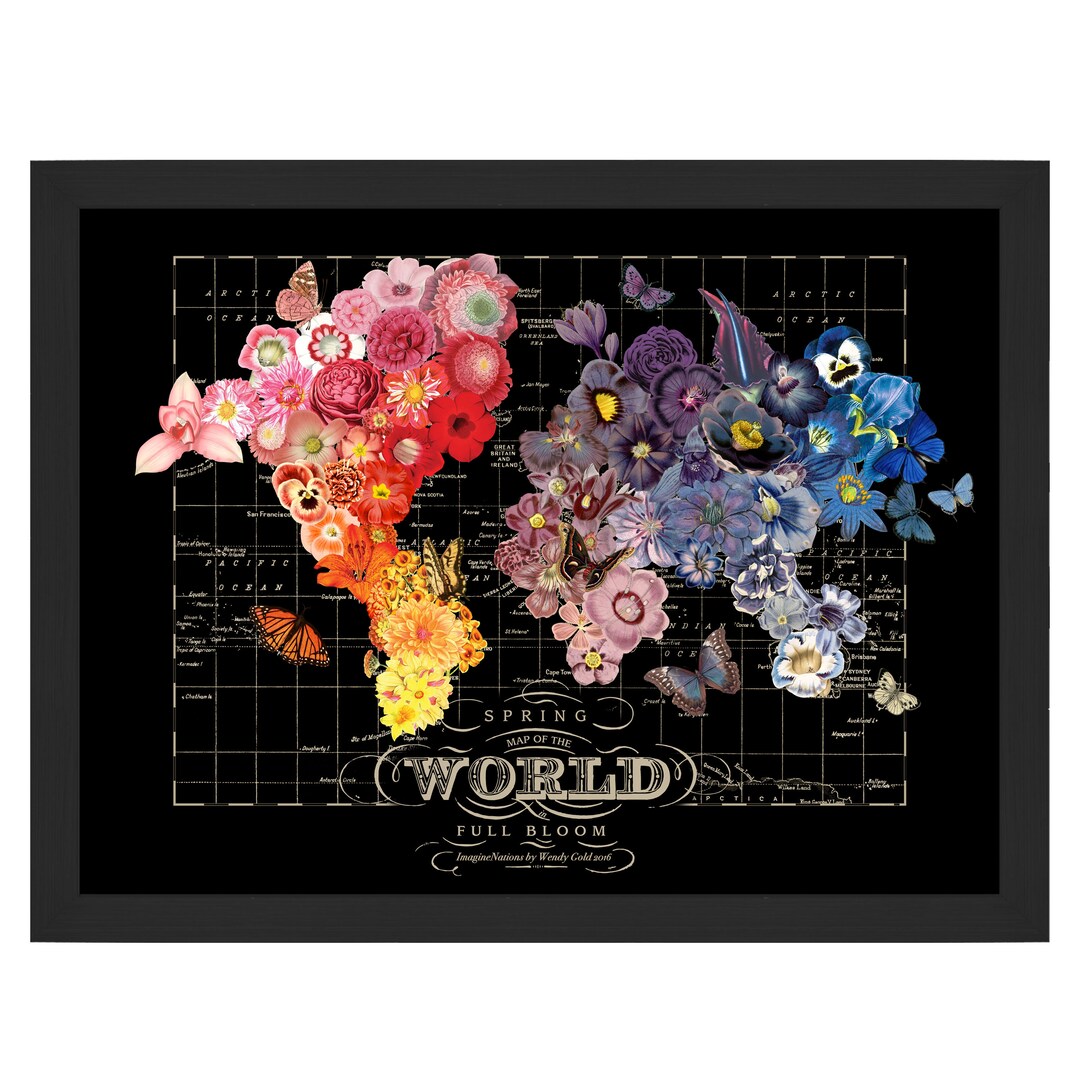 Full Bloom Flowers Map of the World Map Art Print by Wendy Gold, Flower ...