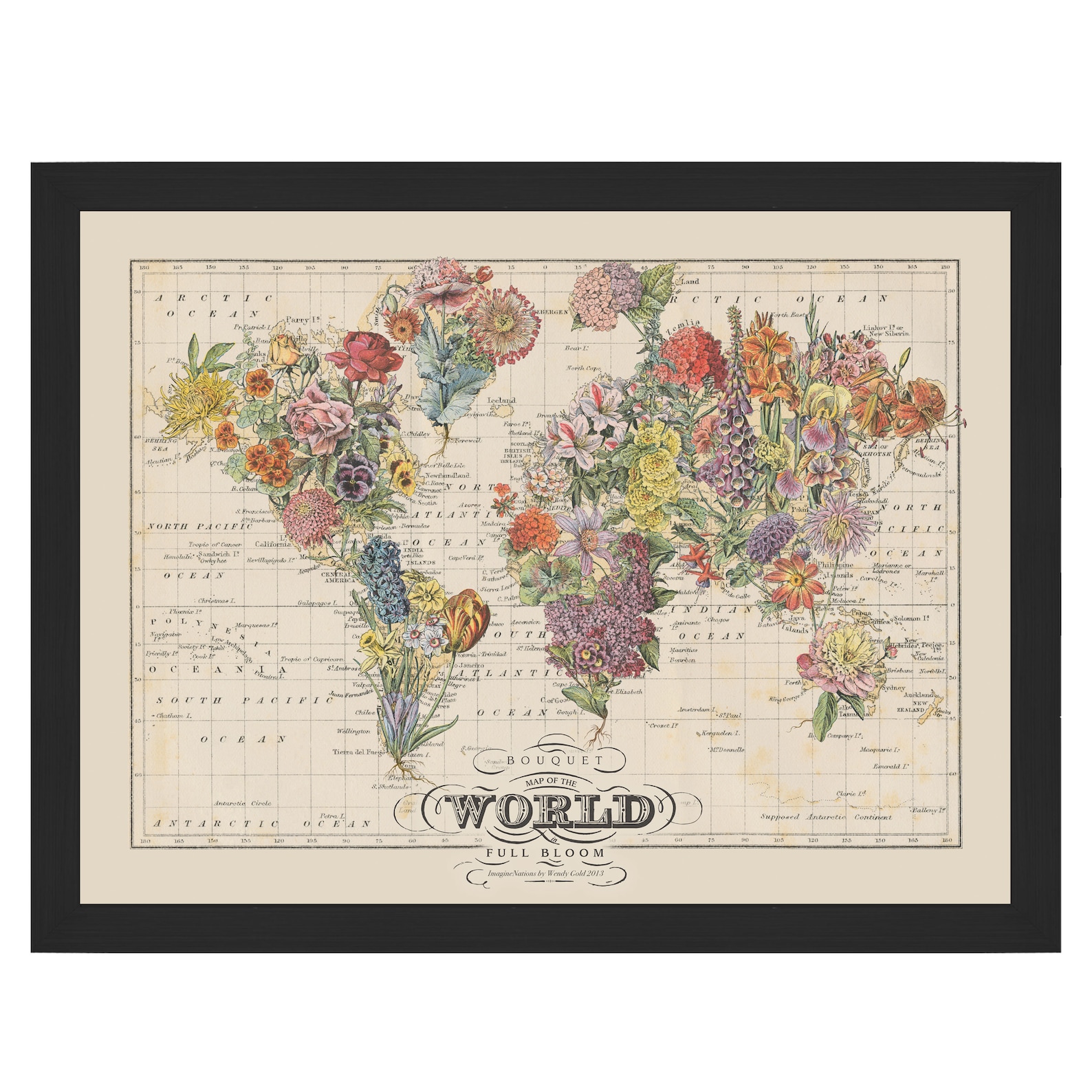 Bouquet Flowers Map of the World Collage Map Art Print - Etsy
