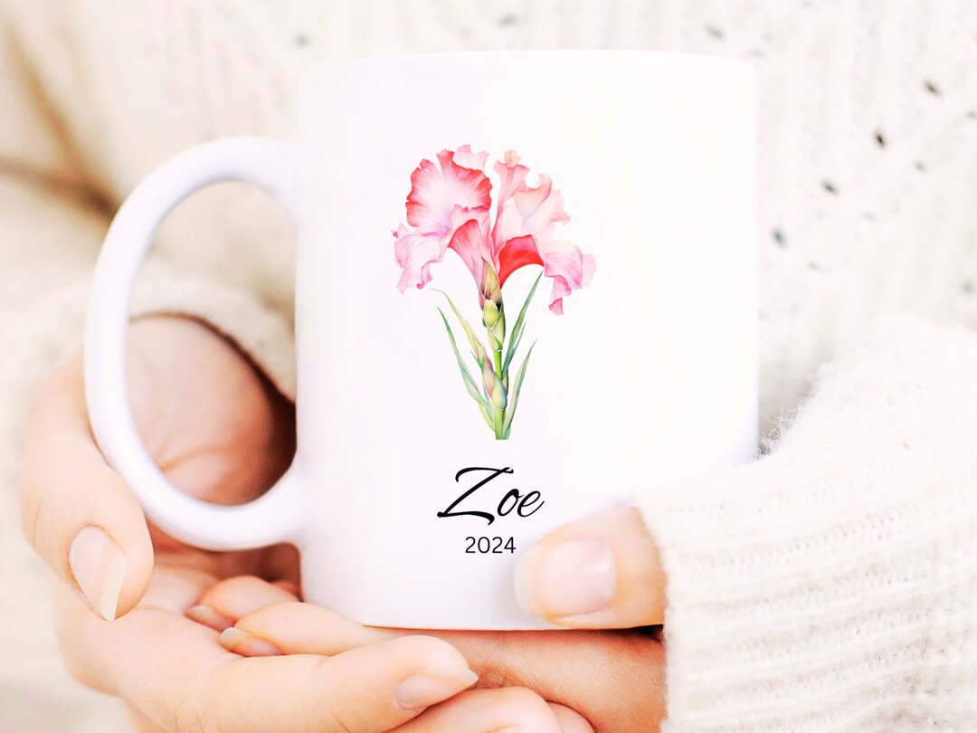 Personalized August Birth Flower Mug: Iris Floral Design, 11oz Ceramic ...