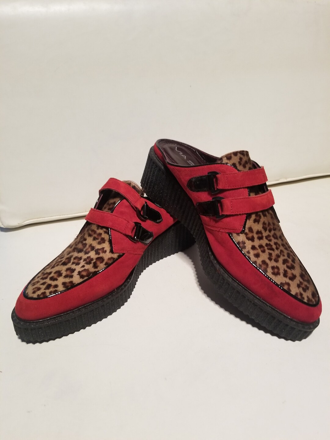 Via Spiga, 1990s Creeper Clogs With Read Suede and Leopard Print Cow ...