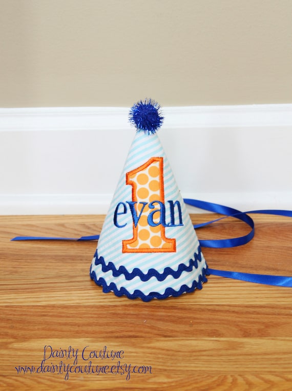 First Birthday Boy Hat - Aqua and white stripes with orange dots and ...