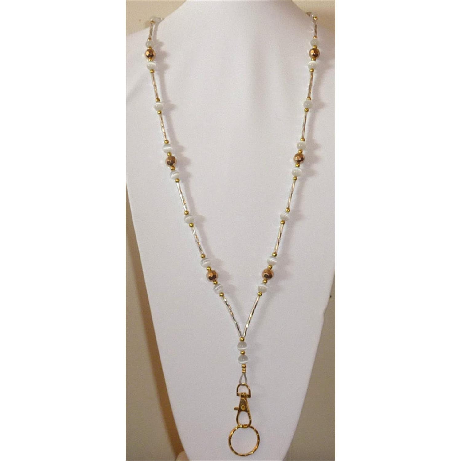 GOLD Beaded Lanyard gold Necklace Lanyard Gold & White | Etsy