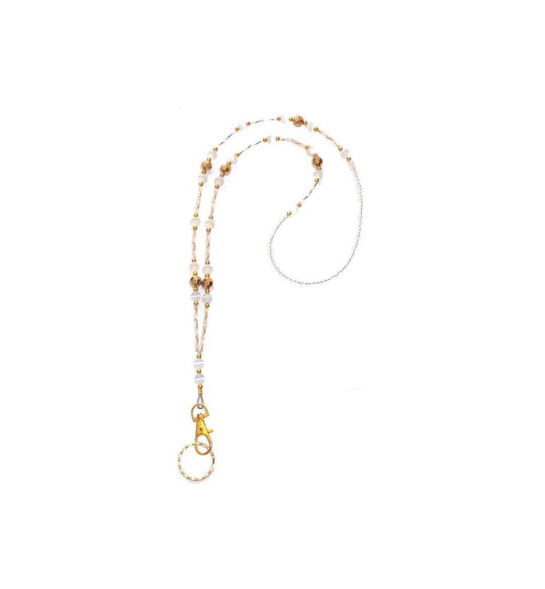 GOLD Beaded Lanyard -gold Necklace Lanyard - Gold & White Jewelry ...