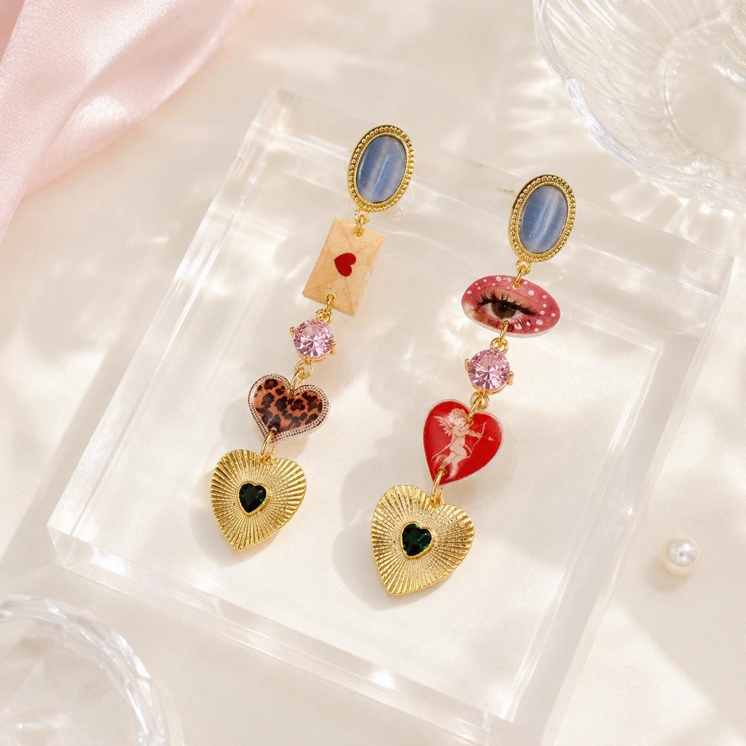 Y2K Mismatched Heart Earrings, Cupid Love Letter Dangles, Gold ...