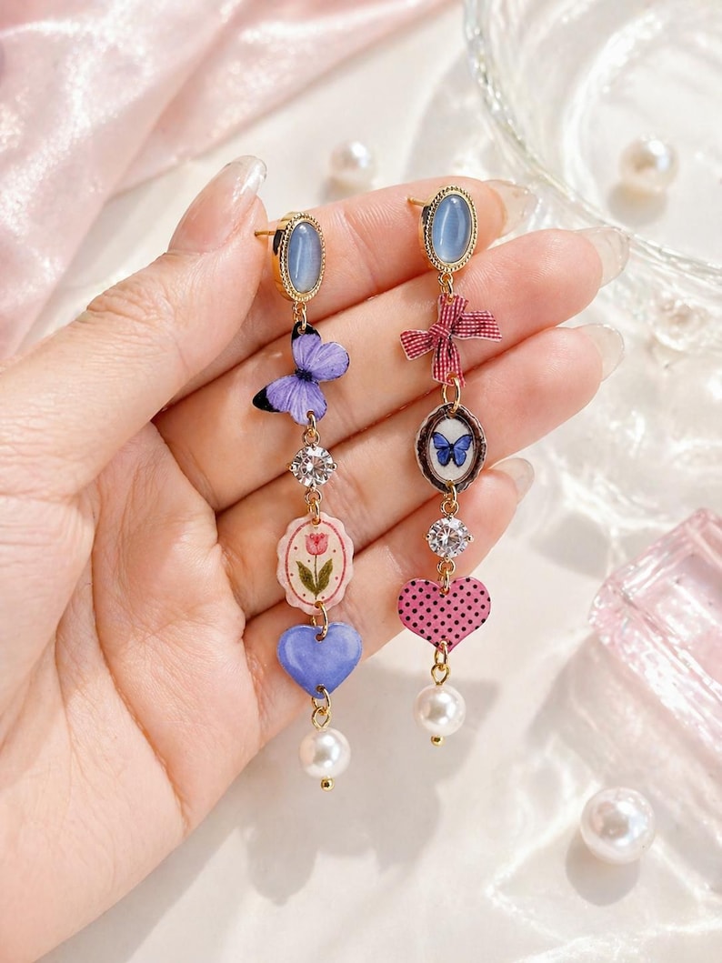 Y2K Coquette Mismatched Butterfly Bow Heart Dangle Earrings, Pearl ...
