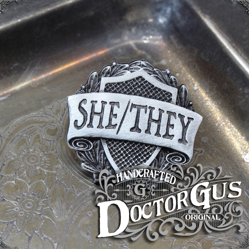 She/they Pronoun Badge - Pride Pronoun Pin - Handcrafted Pewter ...