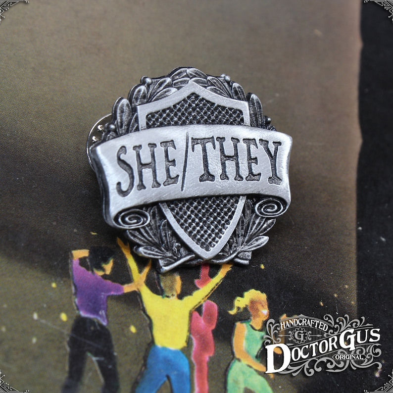 She/they Pronoun Badge - Pride Pronoun Pin - Handcrafted Pewter ...