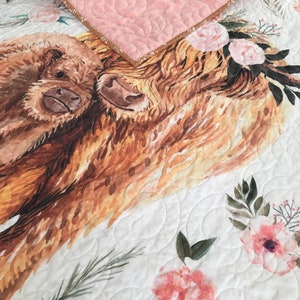 Highland Cow Calf Baby Quilt, Handmade, Modern Pink Baby Quilt, Shaggy ...