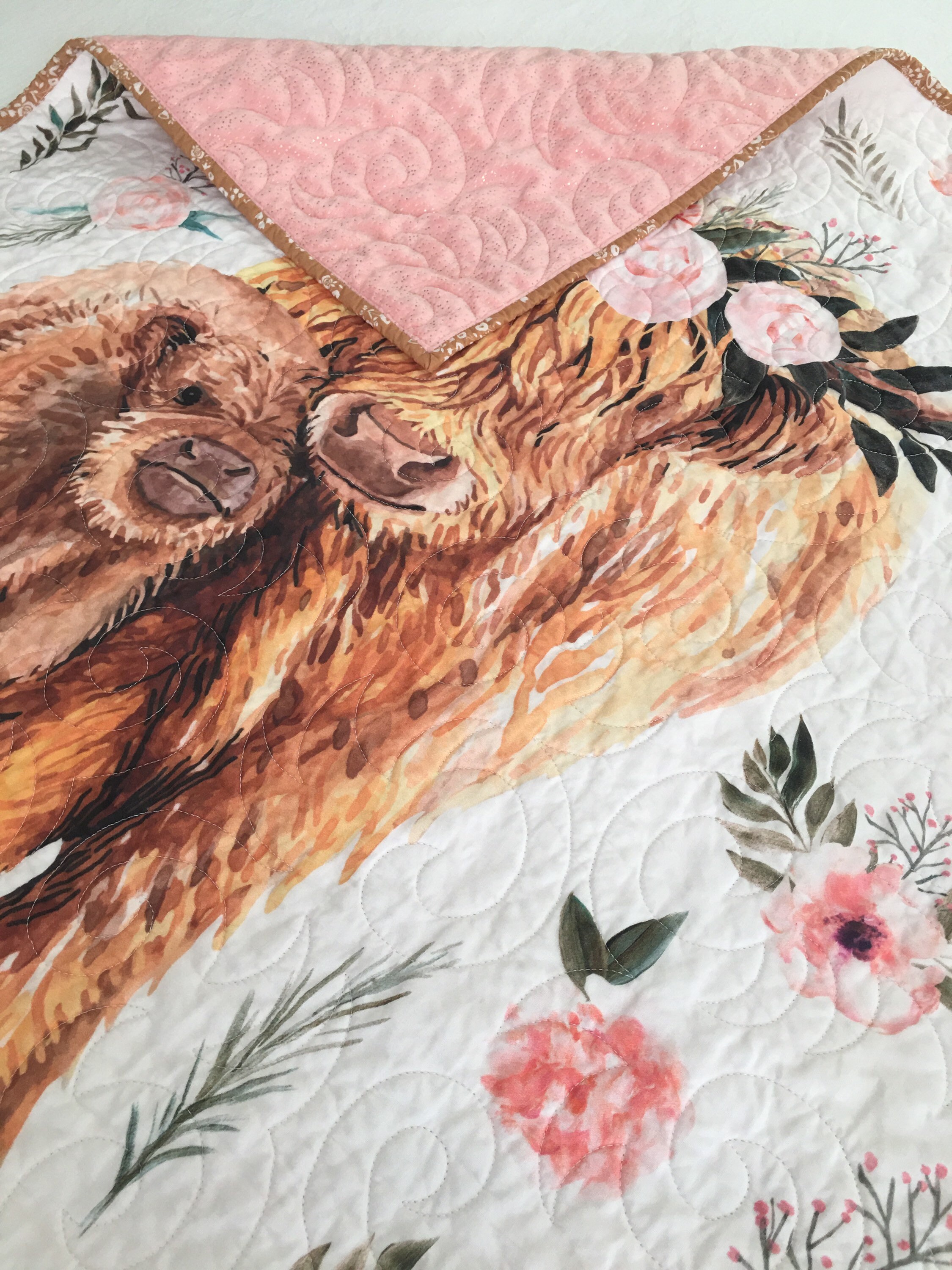 Highland Cow Calf Baby Quilt Handmade Modern Pink Baby | Etsy