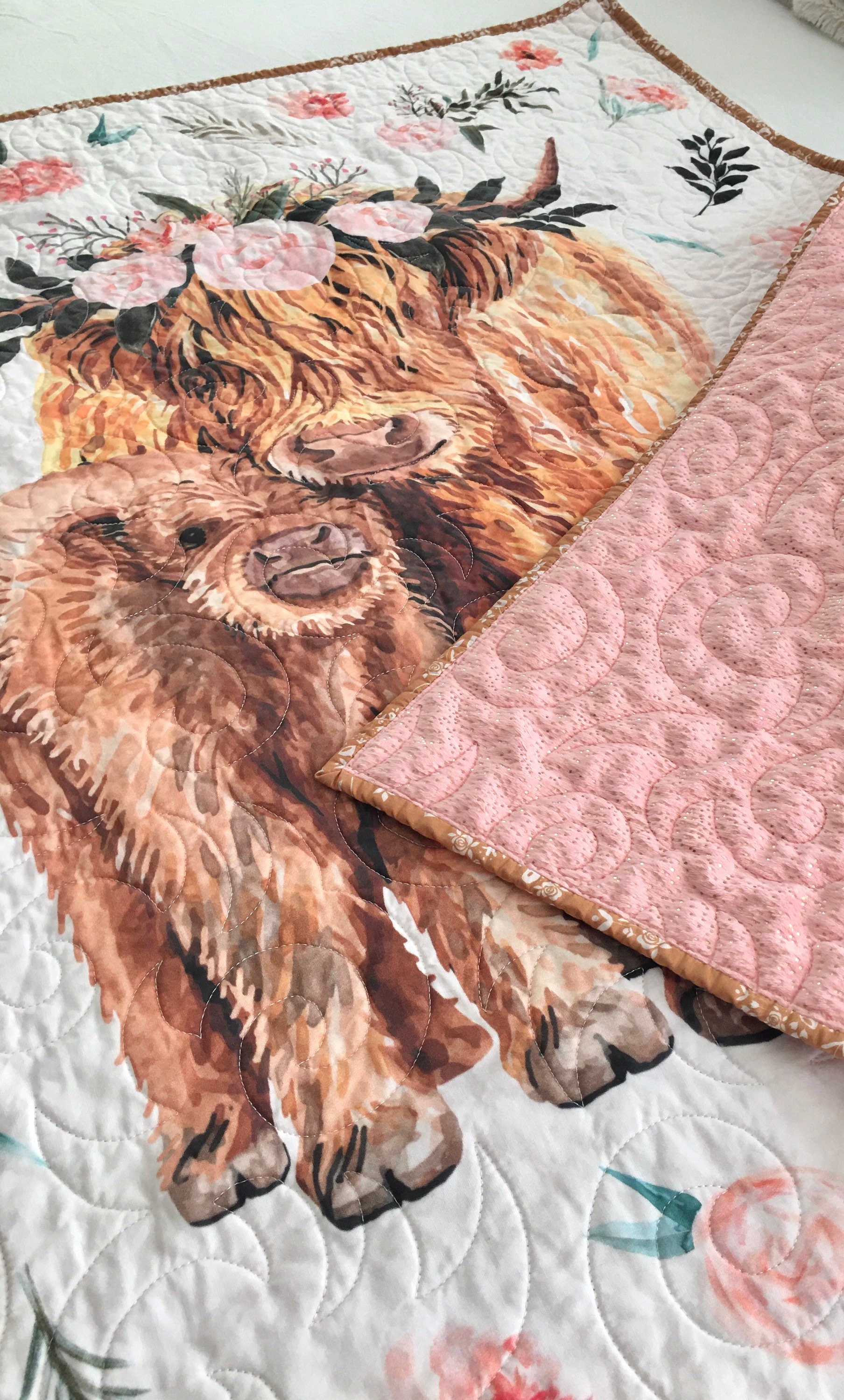 Highland Cow Calf Baby Quilt Handmade Modern Pink Baby | Etsy