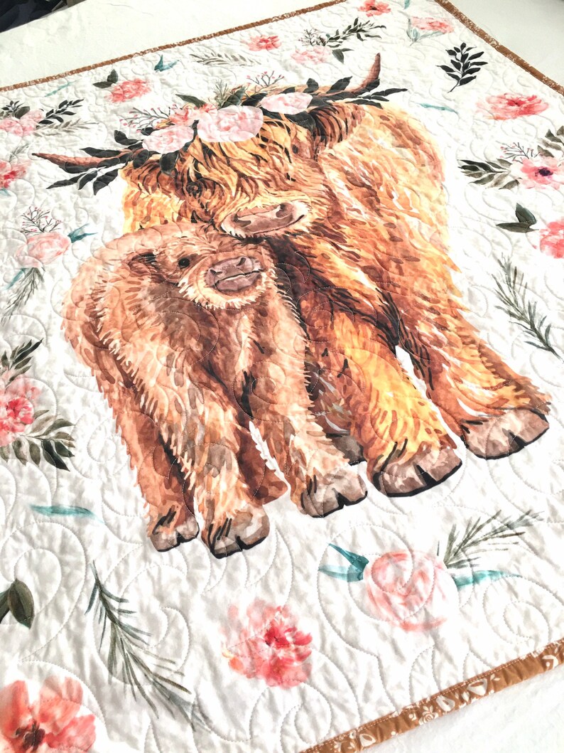 Highland Cow Calf Baby Quilt Handmade Modern Pink Baby - Etsy