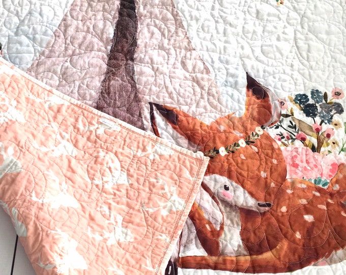 Fawn Deer Baby Quilt, Deer Baby Blanket, Baby Whole Cloth Quilt, Floral ...