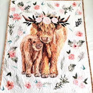 Highland Cow Calf Baby Quilt, Handmade, Modern Pink Baby Quilt, Shaggy ...
