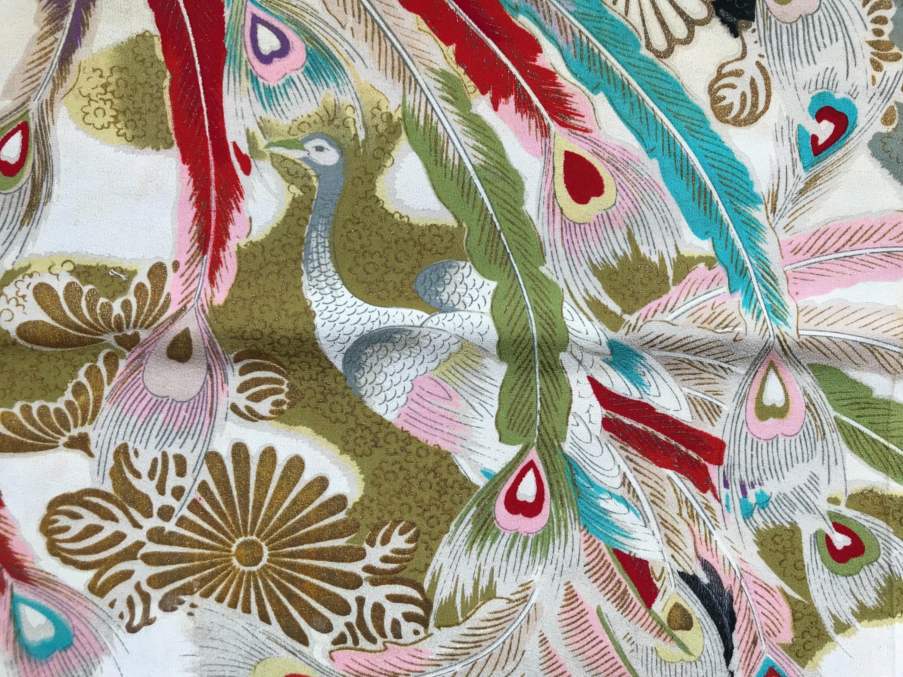 Japanese Kimono Fabric for Children, CHIRIMEN silk Crepe, Bird, KUJAKU ...