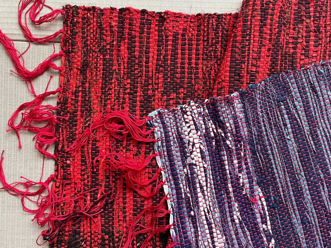 Handwoven Sakiori Rug, Vintage Kimono Fabric, Red & Blue, Japanese ...