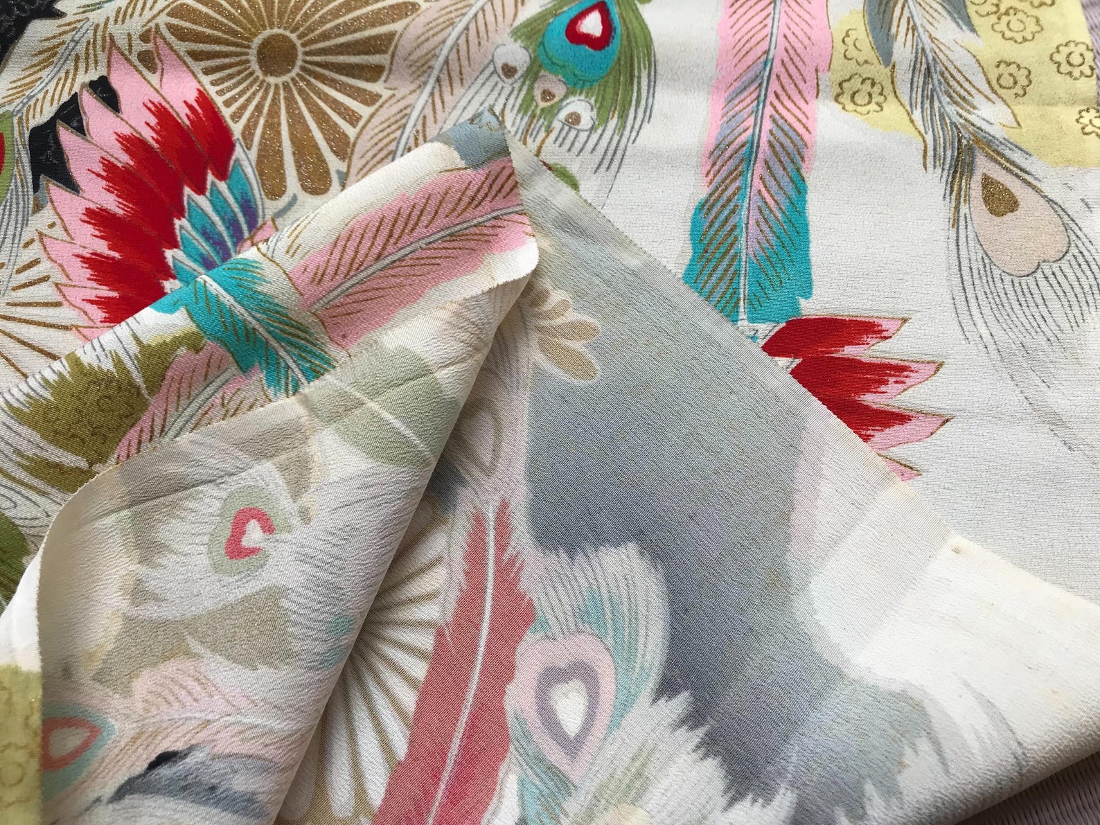 Japanese Kimono Fabric for Children, CHIRIMEN silk Crepe, Bird, KUJAKU ...