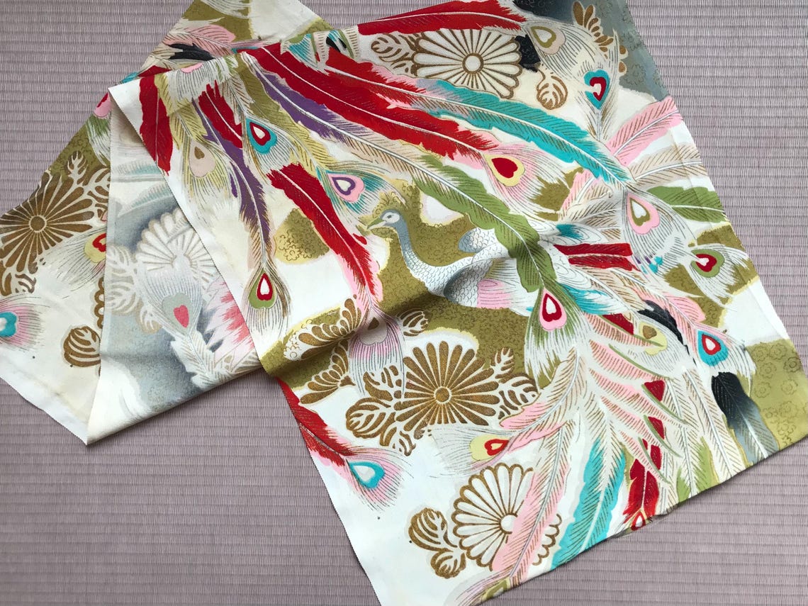 Japanese Kimono Fabric for Children, CHIRIMEN silk Crepe, Bird, KUJAKU peacock, Taditional ...