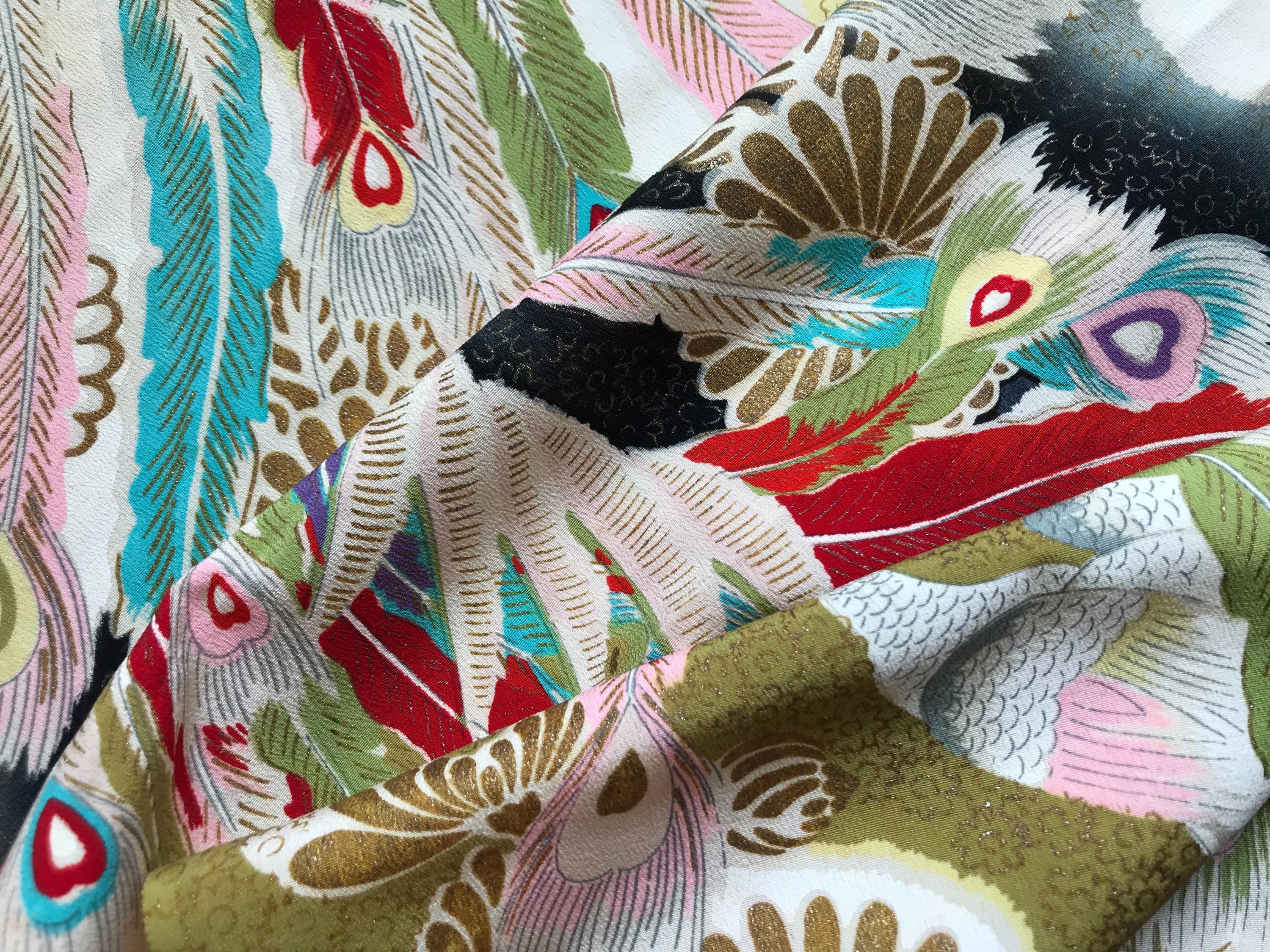 Japanese Kimono Fabric for Children, CHIRIMEN silk Crepe, Bird, KUJAKU ...