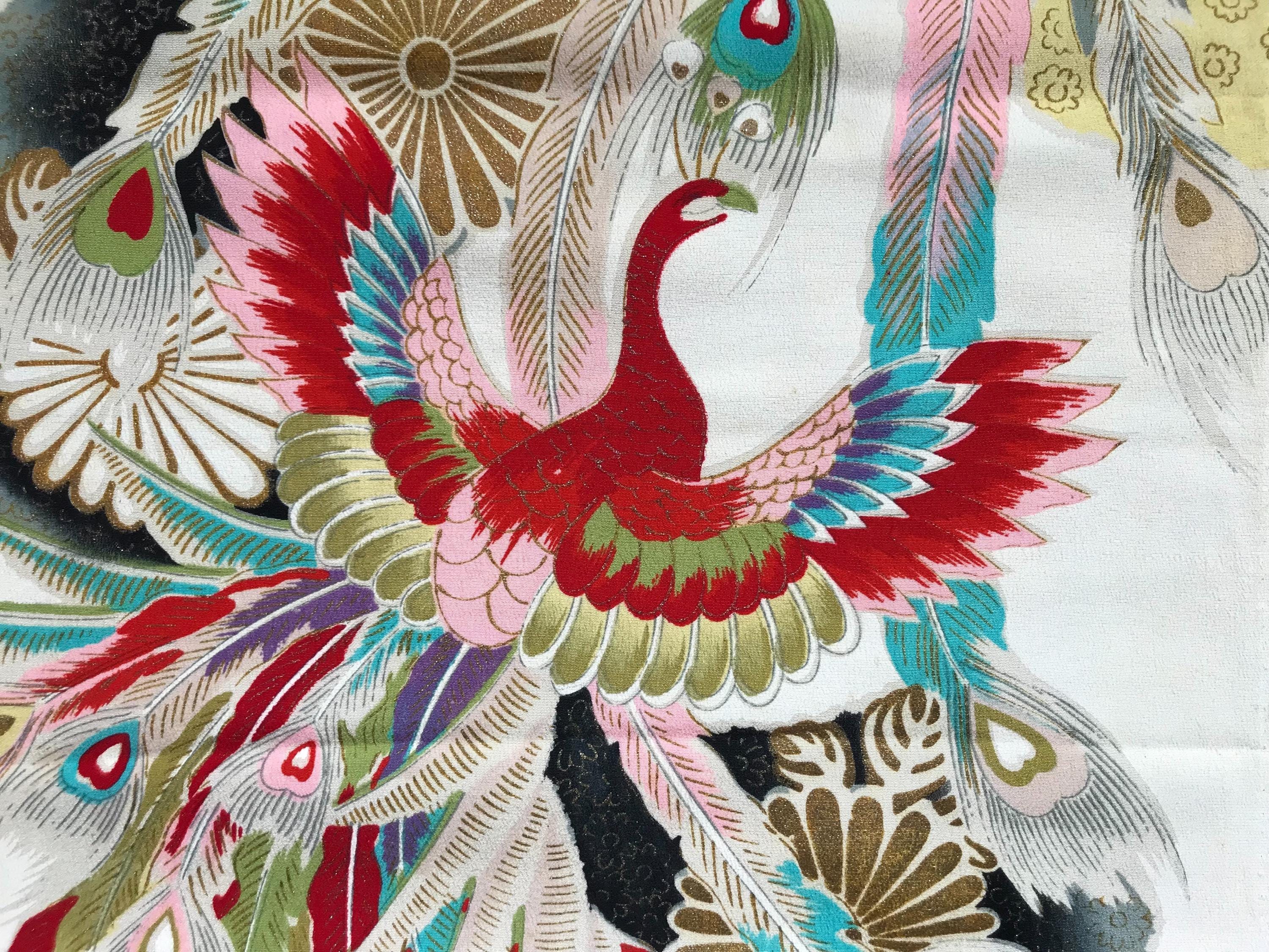 Japanese Kimono Fabric for Children, CHIRIMEN silk Crepe, Bird, KUJAKU ...
