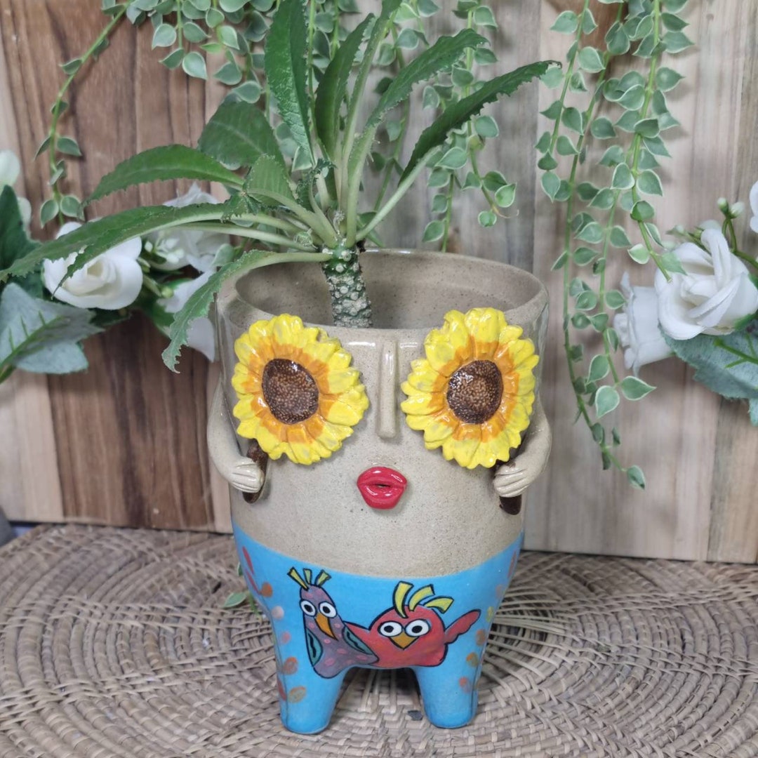 Plant Pot Shaped Like a Cute Girl, Sunflowers Closed Eyes, Cactus ...
