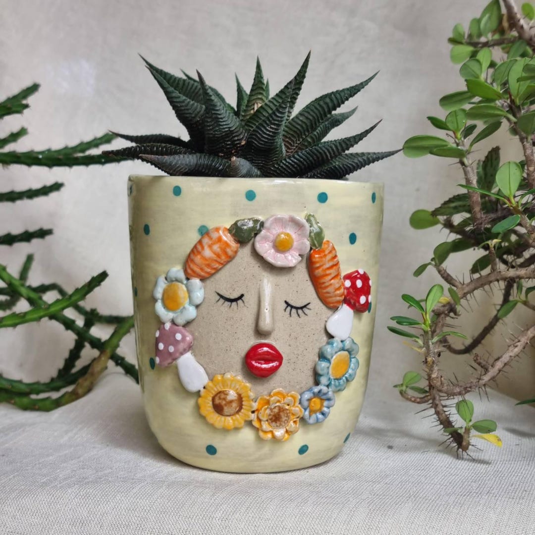 Plant Pot Shaped Like a Face Cute Girl With Flower, Cactus, Ceramics ...