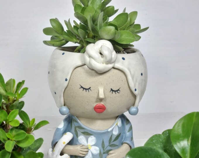 Handmade Ceramic Girl Planter, Female Pot, Polka Dot Headscarf ...