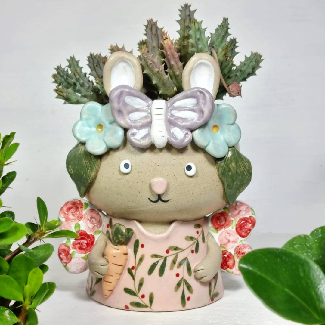 Handmade Ceramic Bunny Planter With Butterfly and Carrot, Whimsical ...
