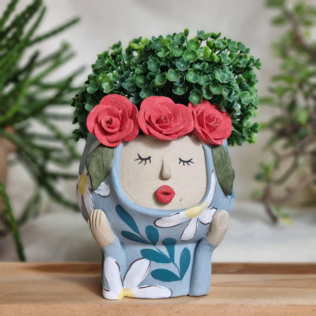 Plant Pot Shaped Like a Cute Girl With Rose, Cactus, Ceramics, Pottery ...