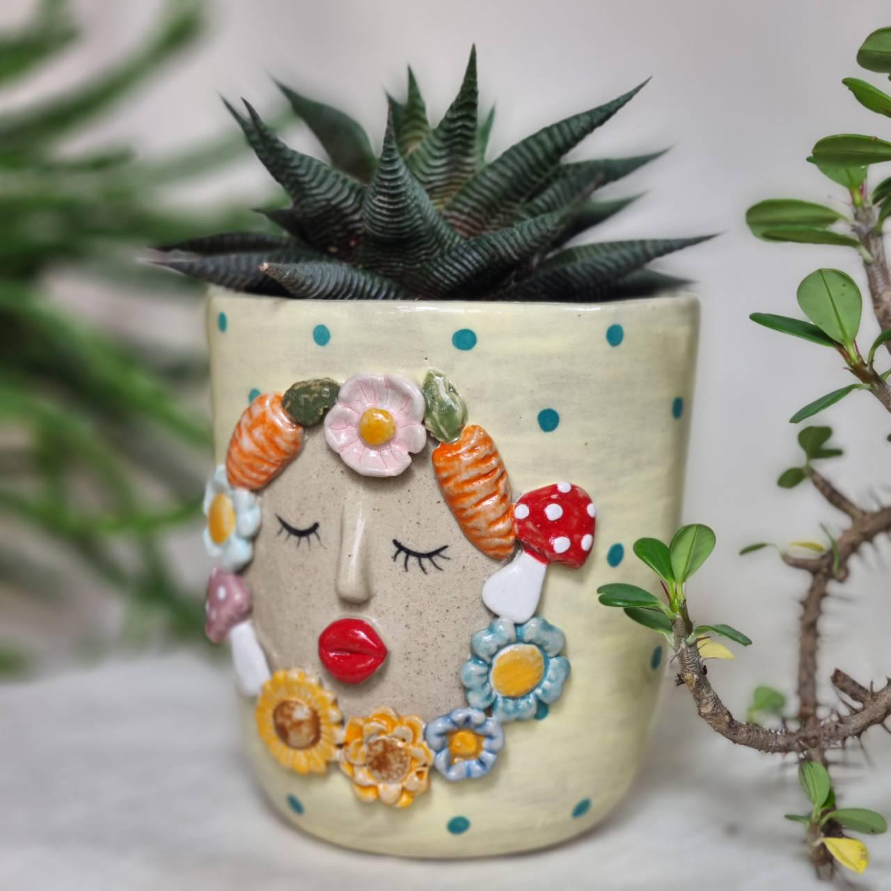 Plant Pot Shaped Like a Face Cute Girl With Flower, Cactus, Ceramics ...