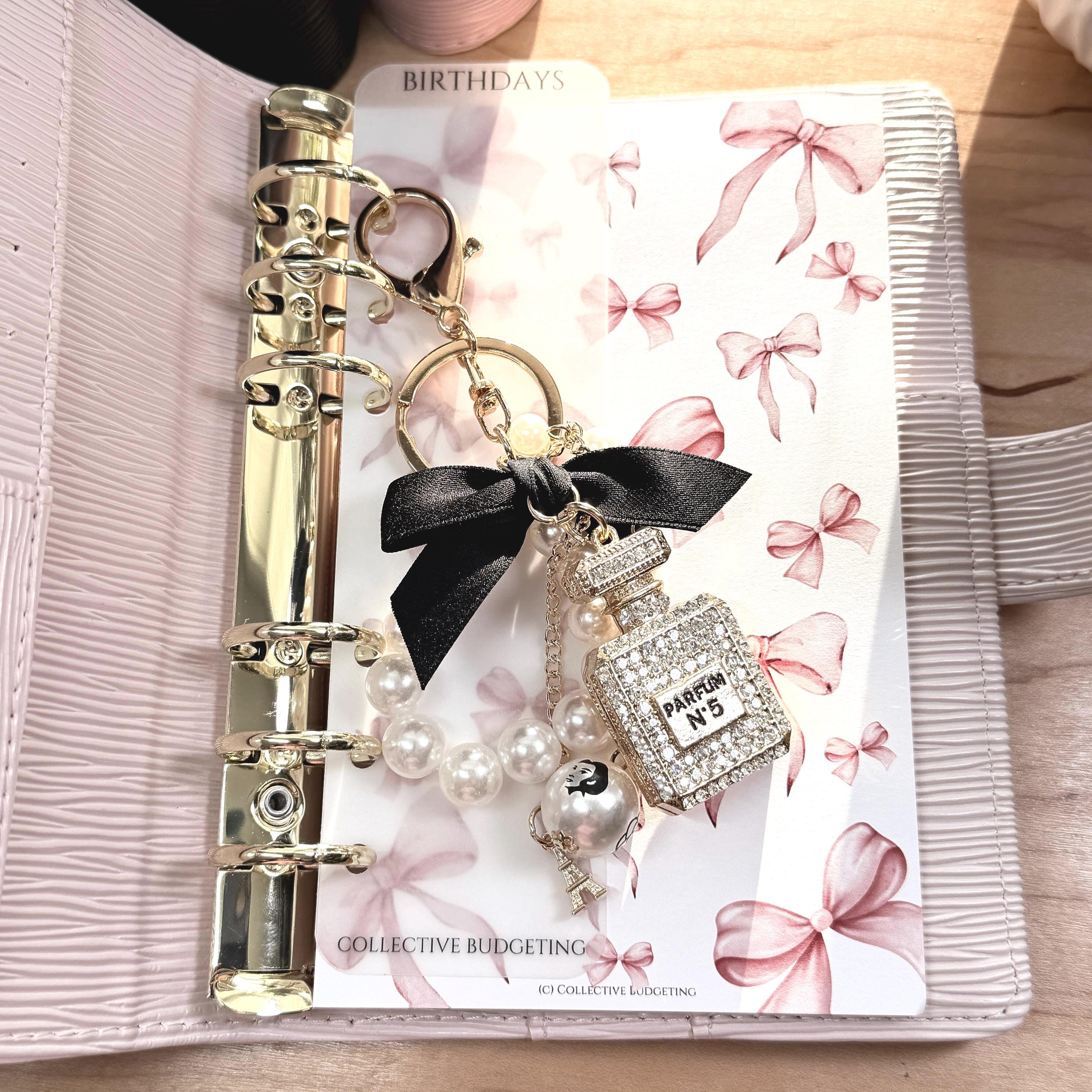 Coco Perfume Bottle Binder Charm | Pearl Bow Keychain | Budget Binder ...