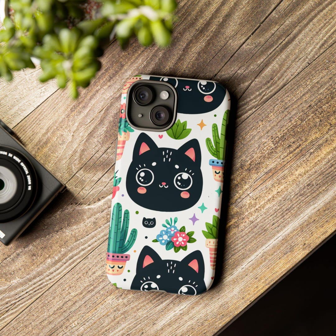 Cute Kawaii Kitties With Potted Cactus Phone Case, Tough Protective ...