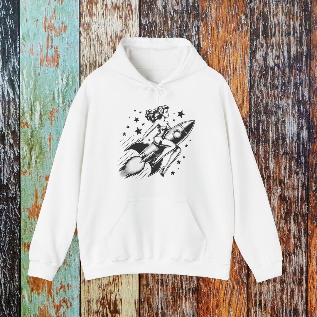 Retro Glam Vintage Pinup Girl Riding a Rocket Through Space Hoodie ...