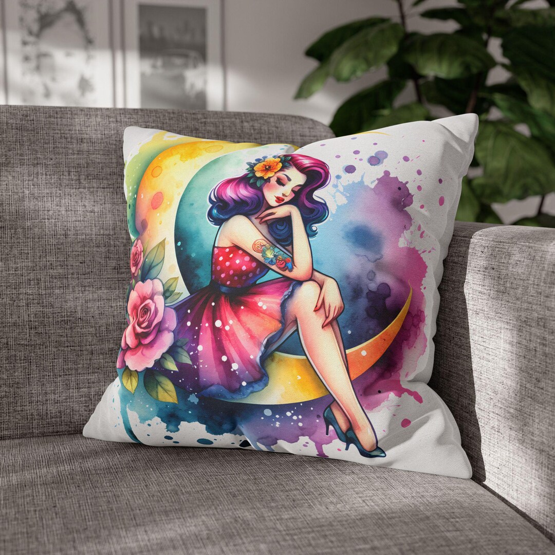 Retro Glam Watercolor Splash Vintage Pinup Girl Sitting on a Crescent ...