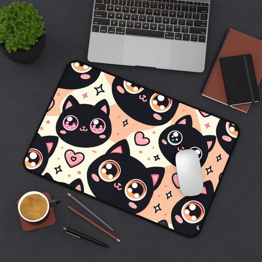 Cute Kawaii Black Cats With Hearts Desk Mat, Gamer Gift, Office Desk ...
