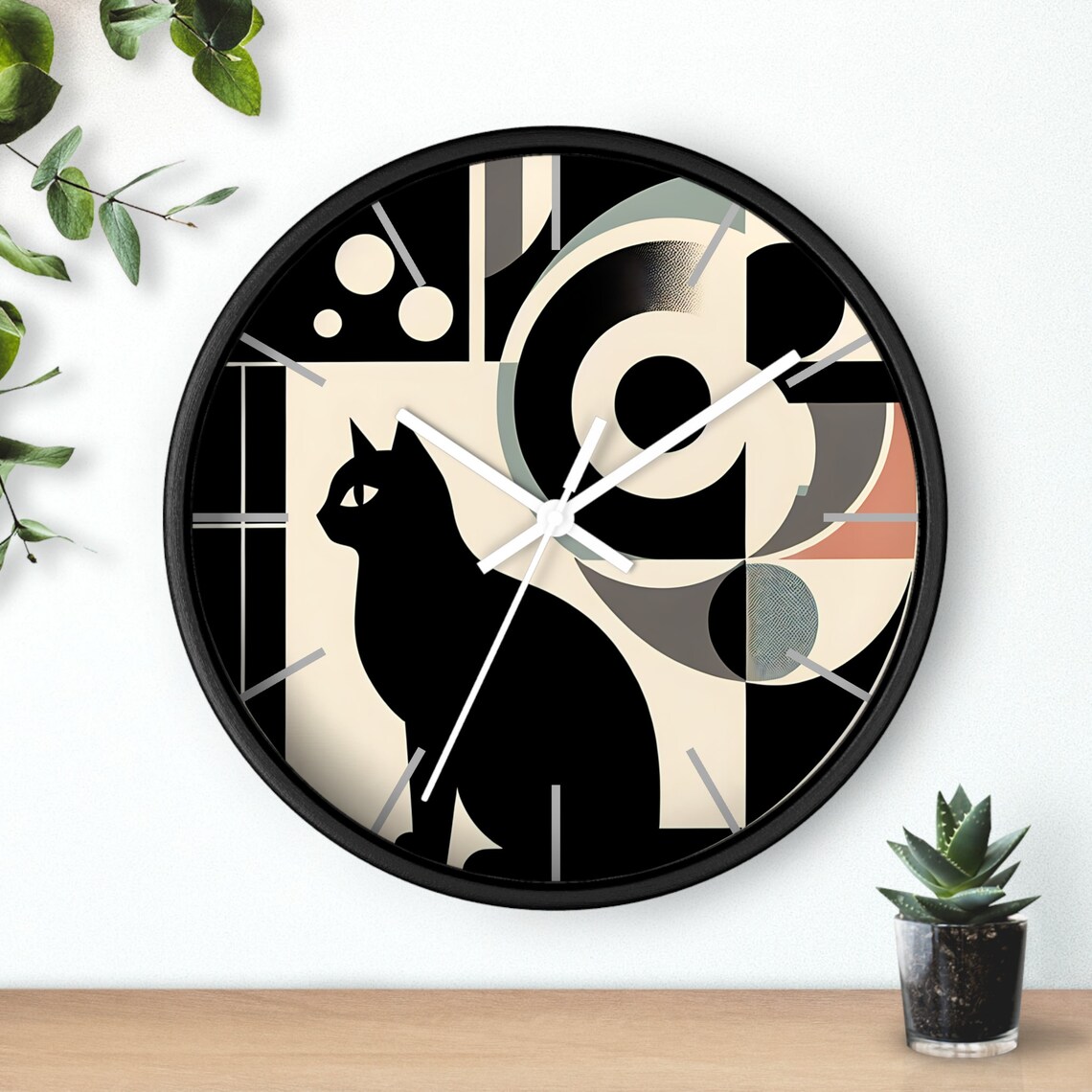 Abstract Modern Black Cat Wall Clock, 1950s 1960s Vintage Inspired Mid ...
