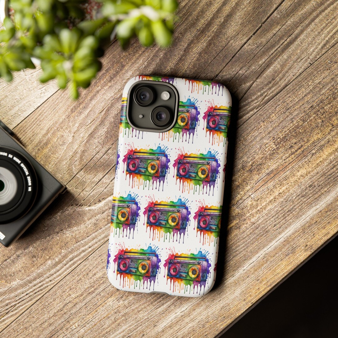 Rainbow Watercolor Splash Retro Boombox Phone Case, Tough Protective ...