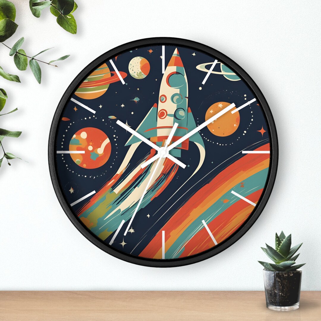 Retro Rocket in Outer Space Wall Clock , Blast off Clock, Unique Pop ...