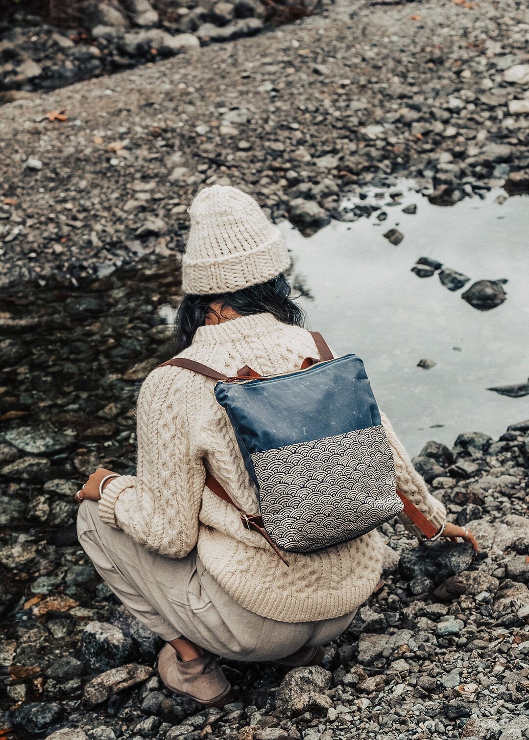 Waxed Canvas Backpack, Leather Straps, Japanese Print Pocket - Etsy