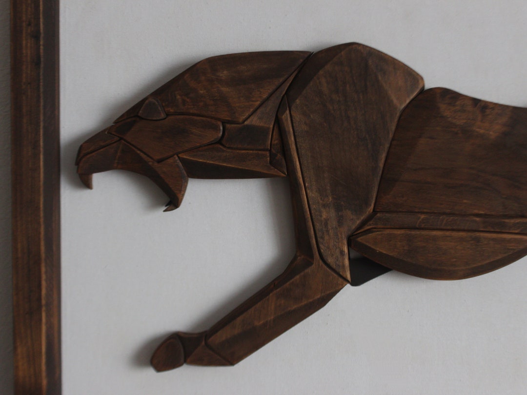 Hand Carved Wooden Jaguar Wall Art 3D Mid Century Modern Geometric ...