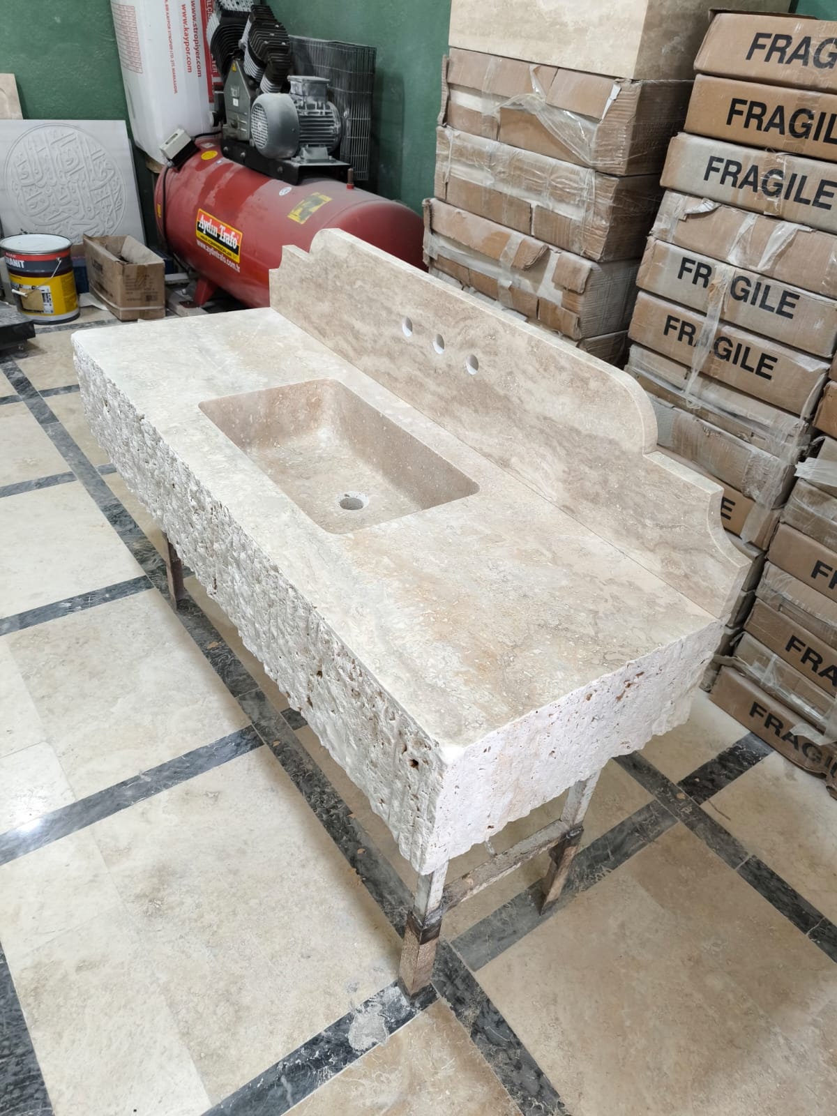 Natural Travertine Stone Sink With Backsplash: Rustic Bathroom Vanity ...