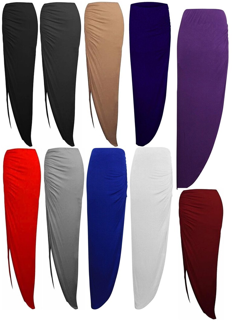 Ladies Ruched Side Split Long Skirt Womens Comfy Plain Slim Fit Gypsy ...