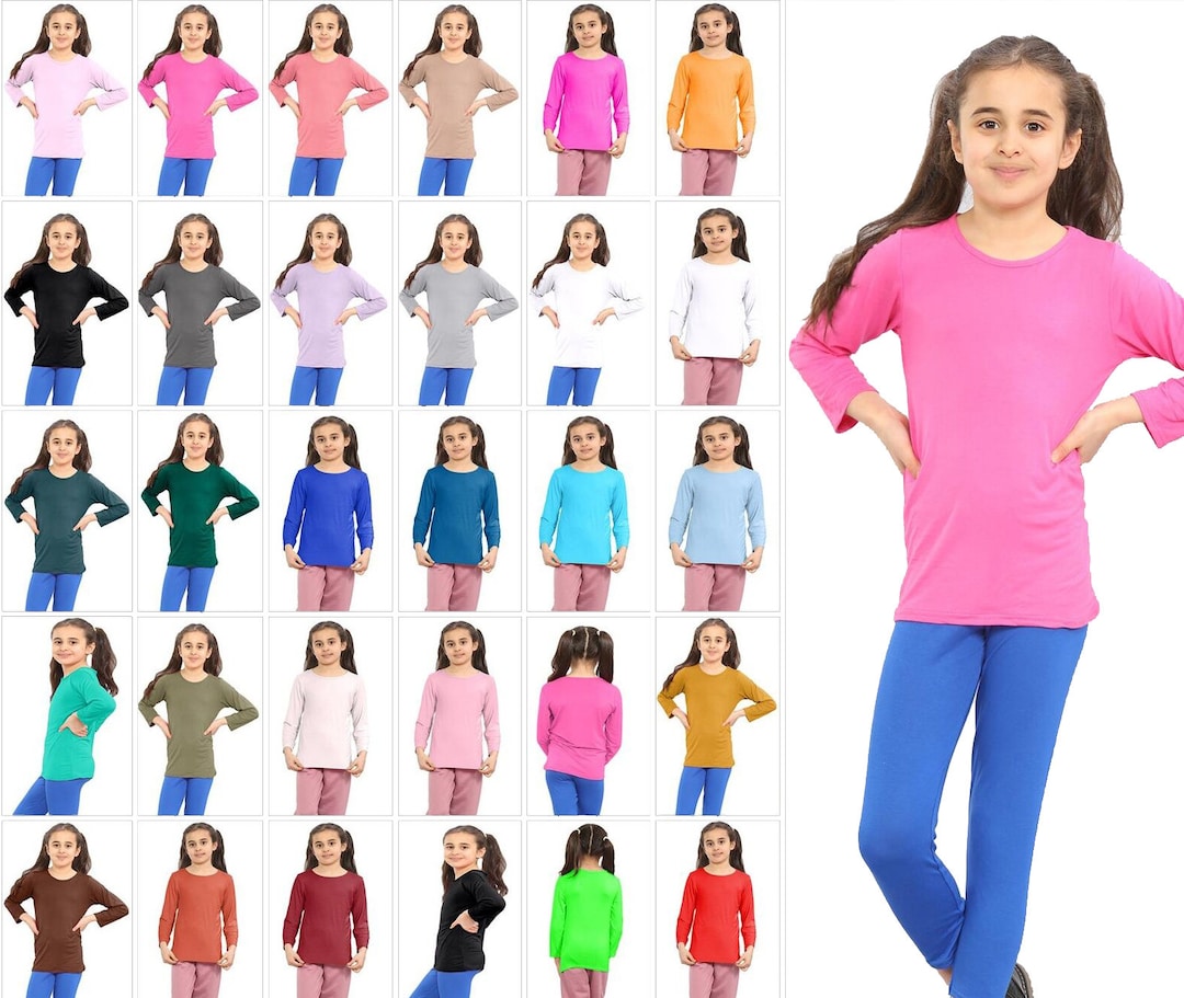Girls Long Sleeve Plain T Shirt Kids Pullover Round Neck Tops Stretchy ...