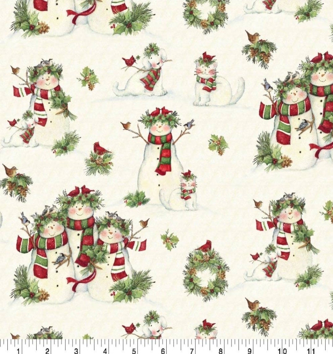 1/2 Yard of 42 Snowmen & Pets Susan Winget Ivory Background 100% Cotton ...