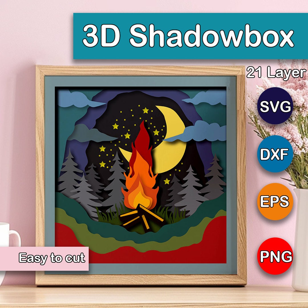 Campfire Shadow Box, Campfire Layered Paper Cut, Mountain Shadow Box ...