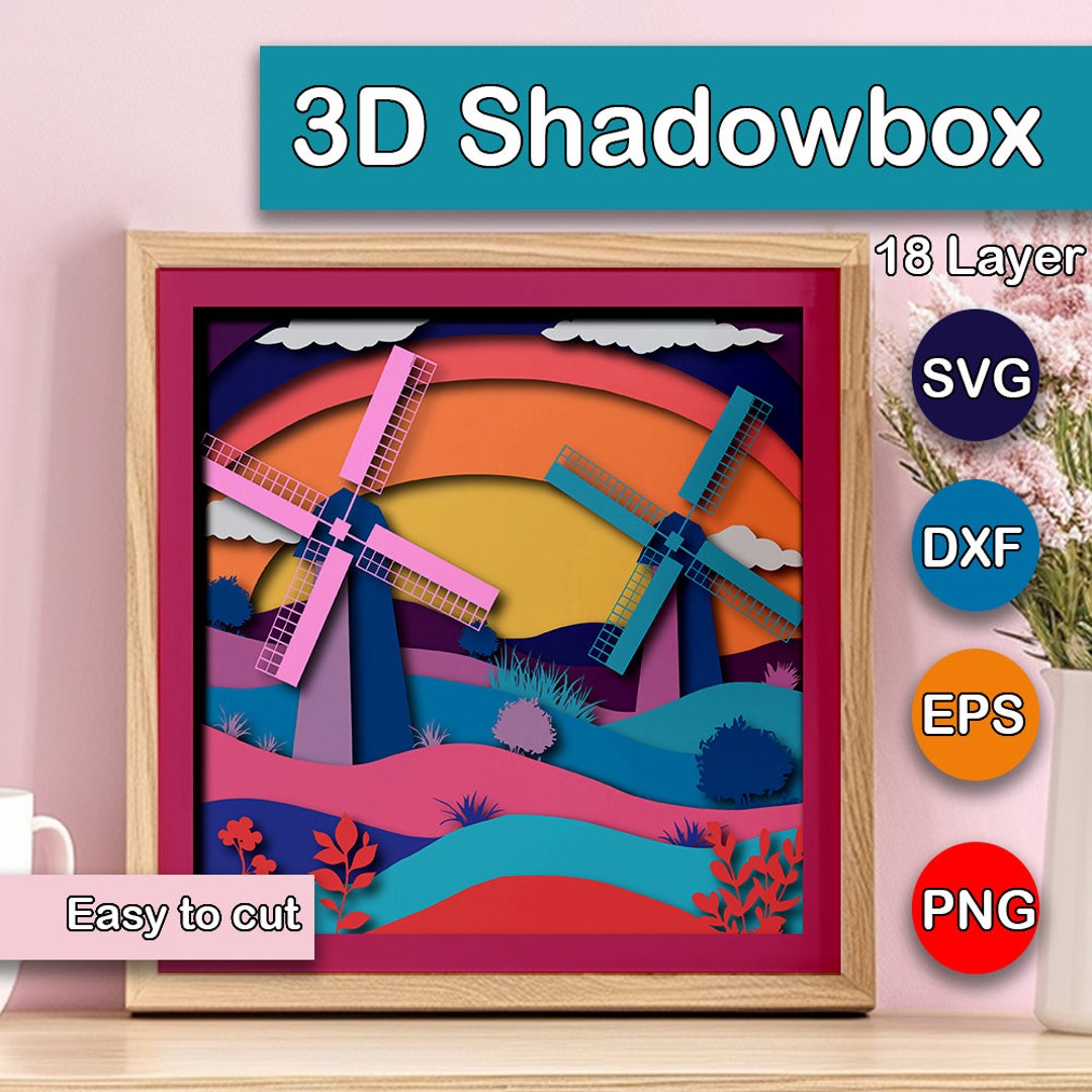 Windmill Shadow Box, 3D SVG Landscape Shadowbox Templates, DIY Nature ...